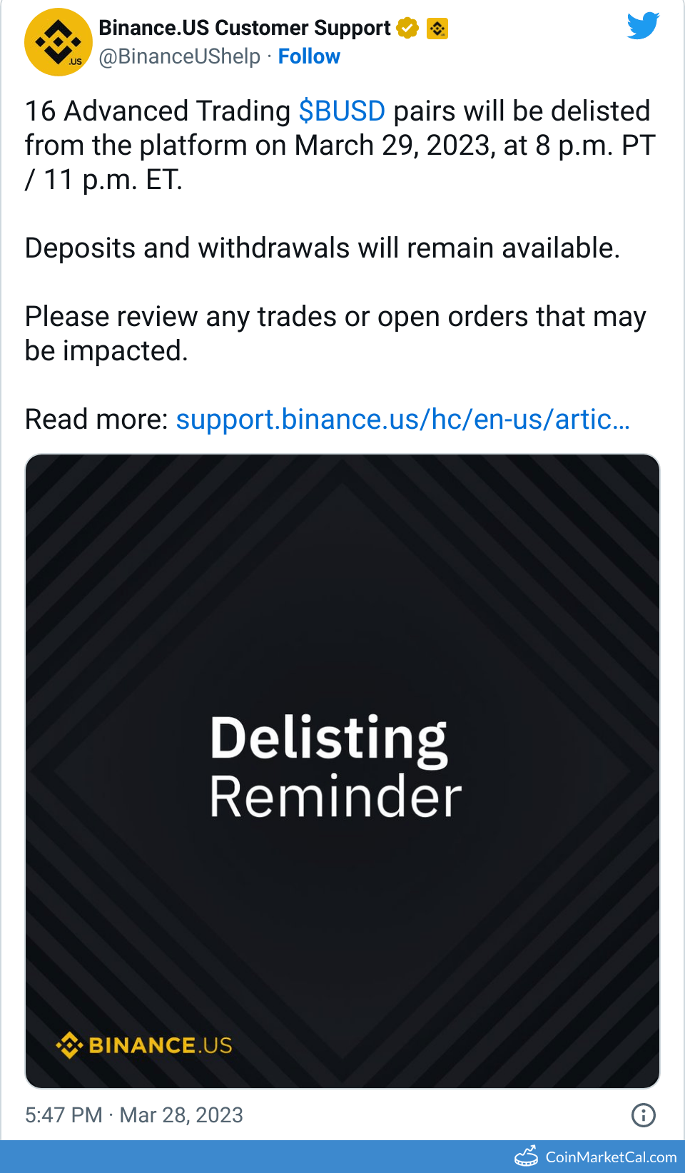 Binance US BUSD Delisting