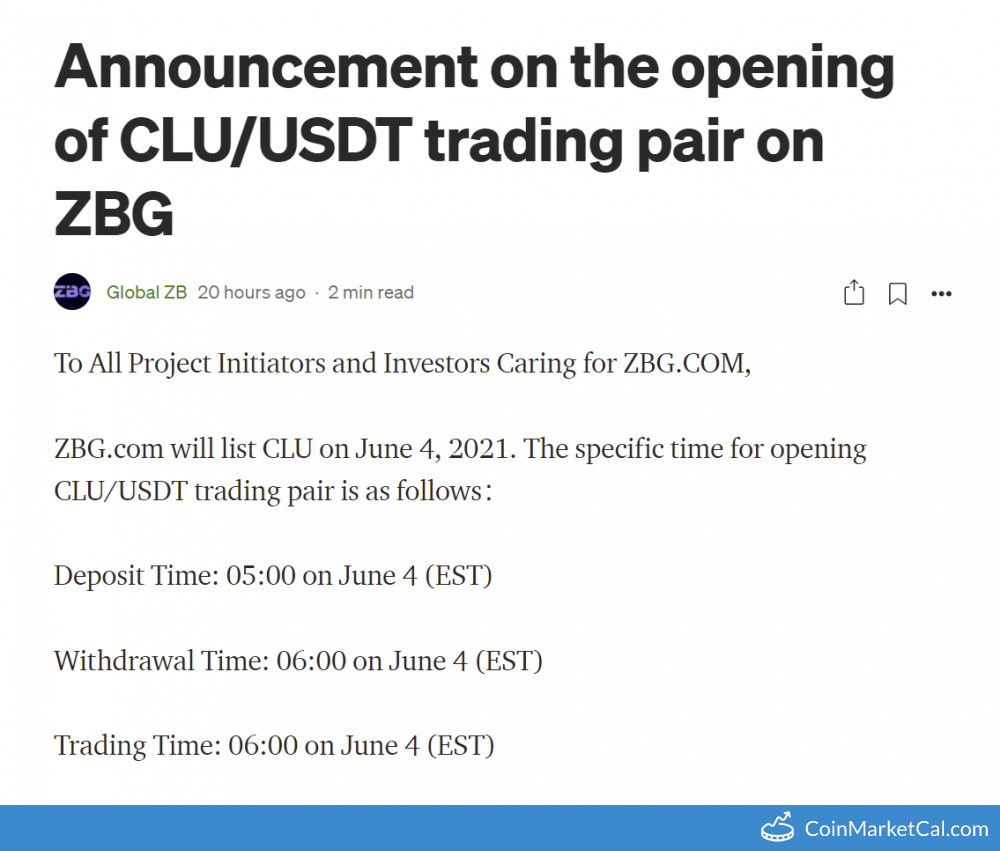 CluCoin (CLU) - ZBG 상장